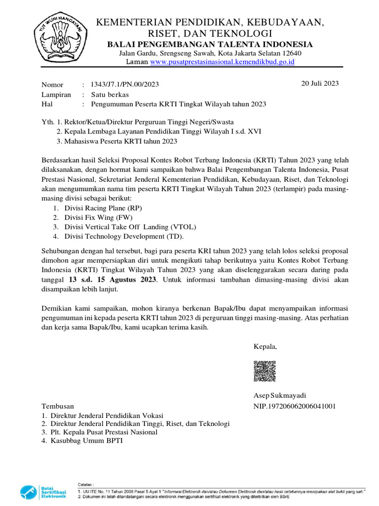 Pengumuman KRTI 2023 Tingkat Wilayah | PDF
