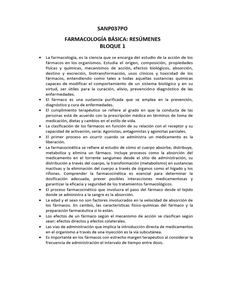 Resúmenes Farmacología Básica - Bloque 1 y 2 | PDF