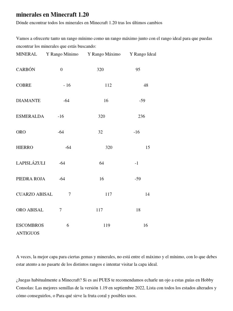 Minerales en Minecraft 1.20 | PDF
