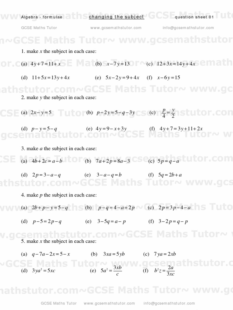 Changing the Subject of Formulas Worksheet | PDF | Teaching Mathematics