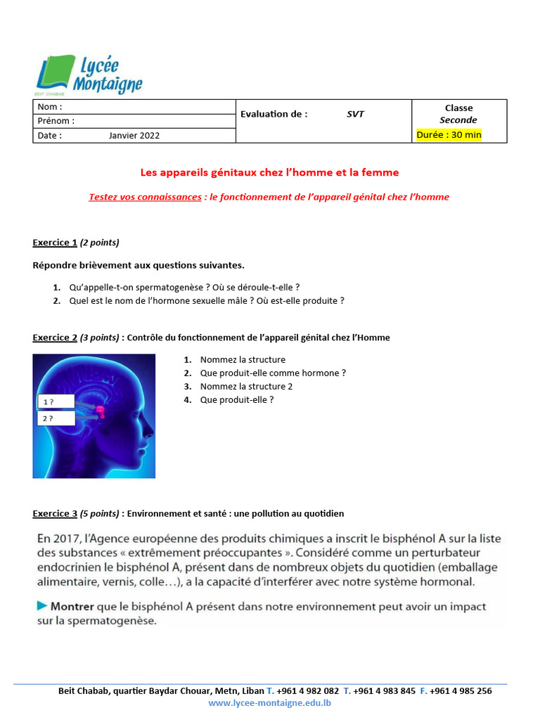 Evaluation Fomative 1 Procreation SVT Seconde | PDF