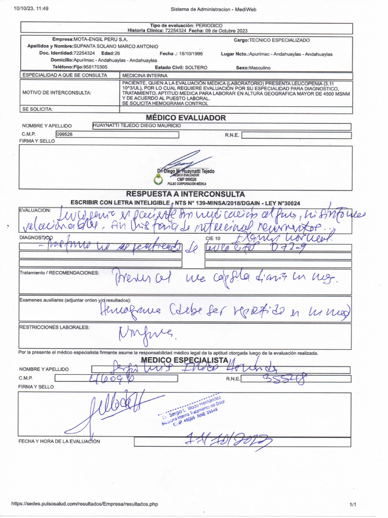 Levantamiento de Observacion Medicina Interna Marco Supanta CT | PDF