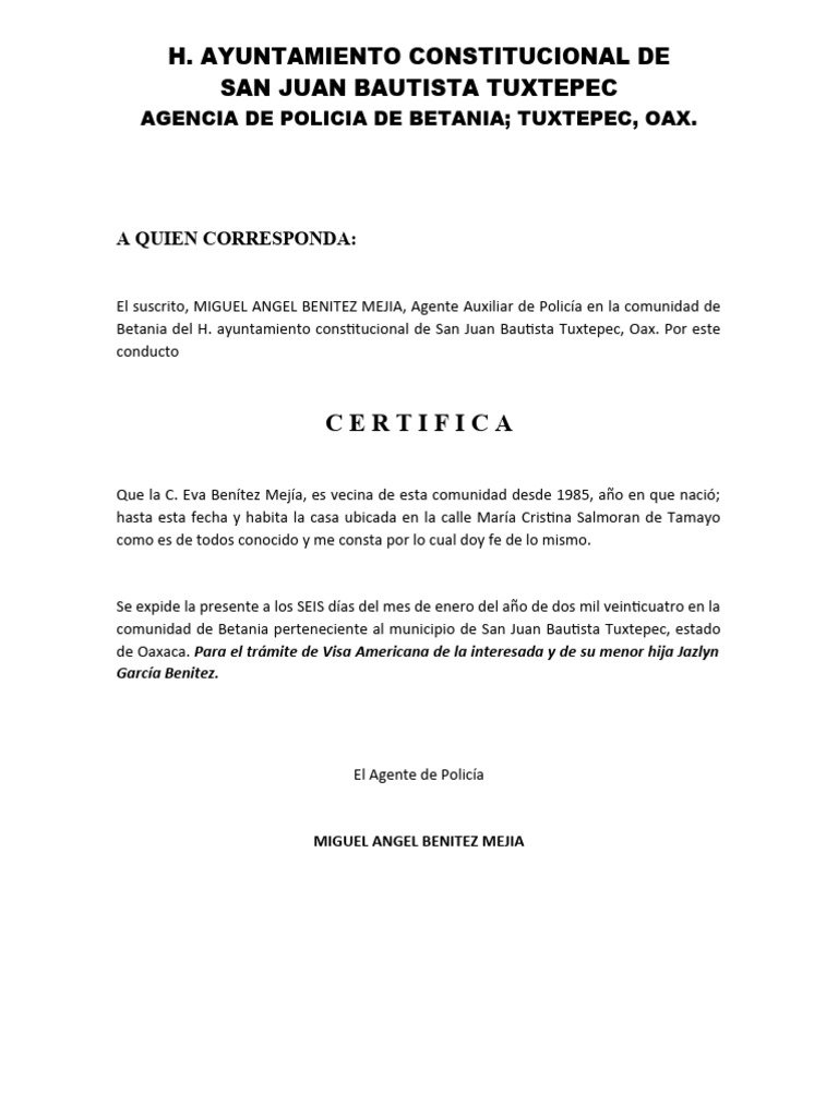 CONSTANCIA DE VECINDAD PROFRA. EVA | PDF