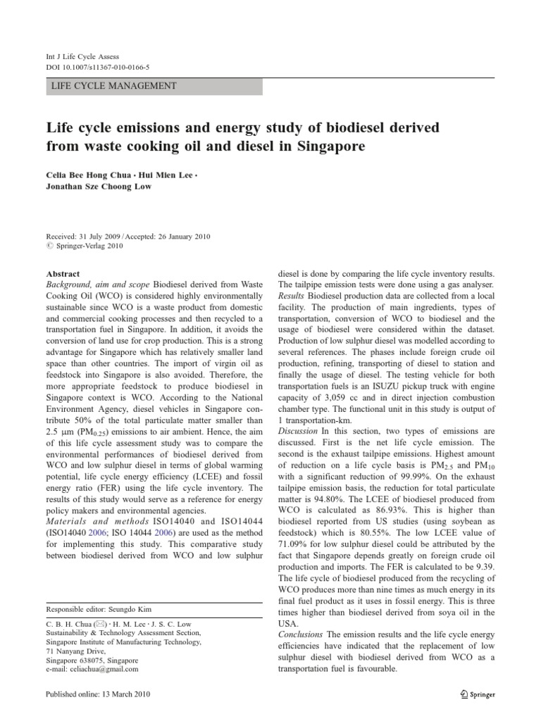 IJLCA 2010 - AStar SIMTech Life Cycle Analysis of Alpha Biodiesel | PDF ...