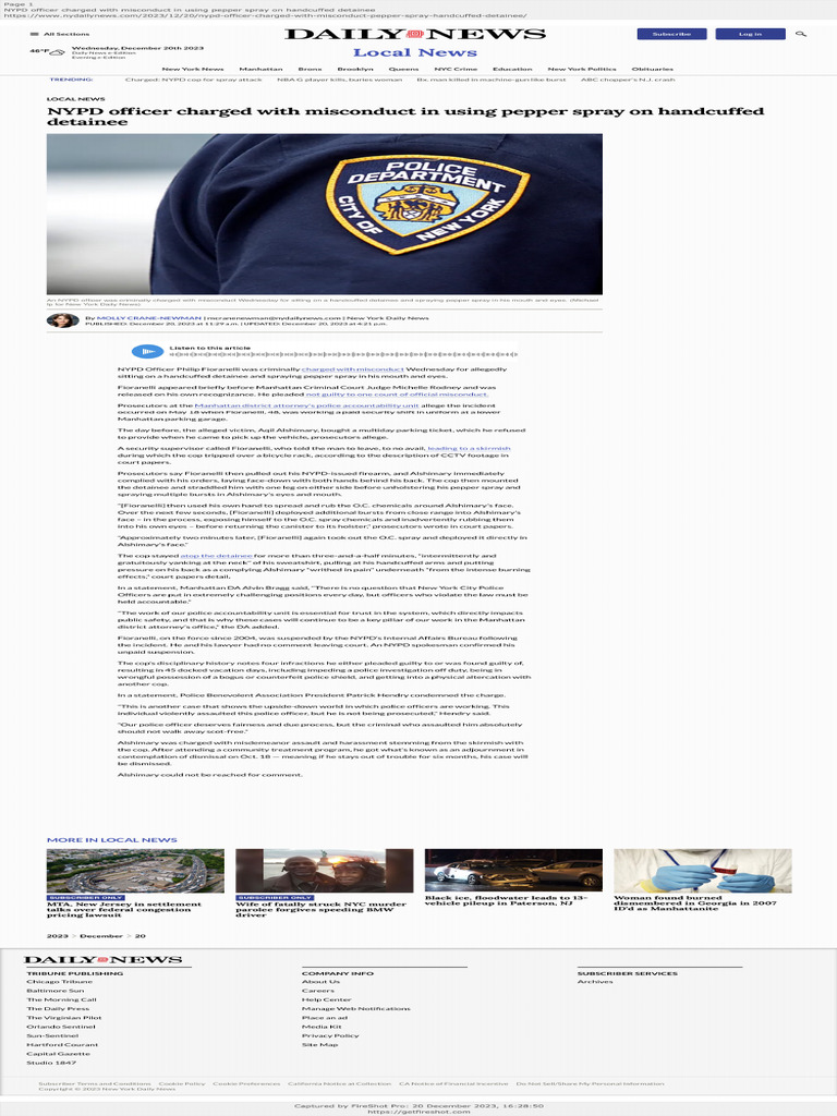 NYPD Officer Charged With Misconduct in Using Pepper Spray On Handcuf ...