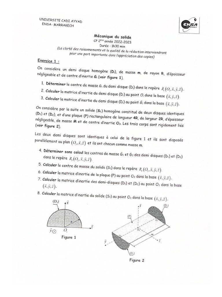 Contrôle 1 - Mécanique Du Solide - 2022 - 2023 | PDF