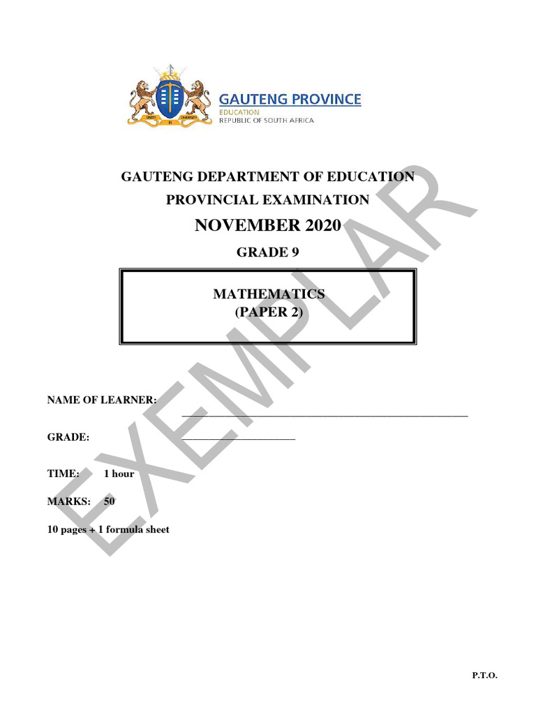 Grade 9 Provincial Examination Mathematics P2 (English) 2020 Exemplars ...