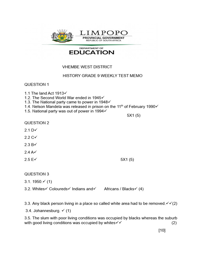 History Weekly Test 1 Grade 9 Memo | PDF