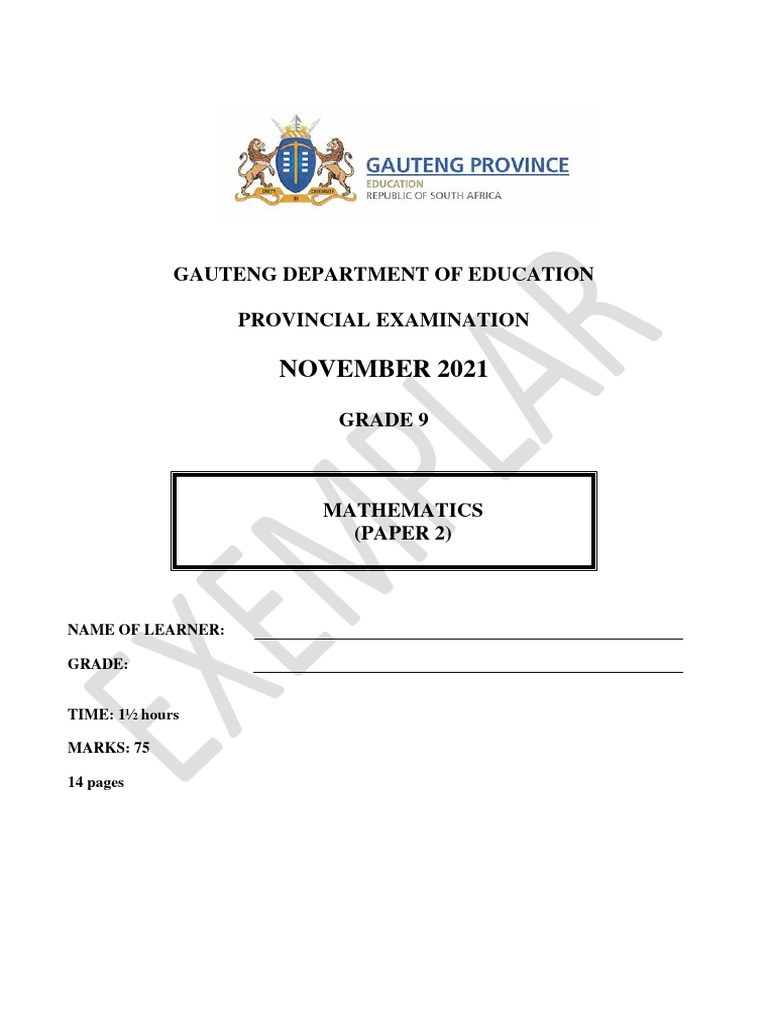 Grade 9 Provincial Examination Mathematics P2 (English) November 2021 Question Paper-1 | PDF ...