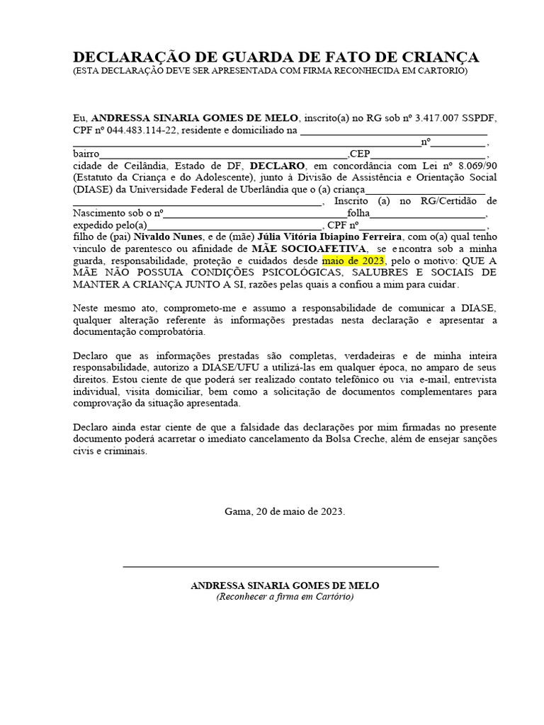 Declaracao de Guarda de Fato de Crianca | PDF | Ciências Sociais | Direito