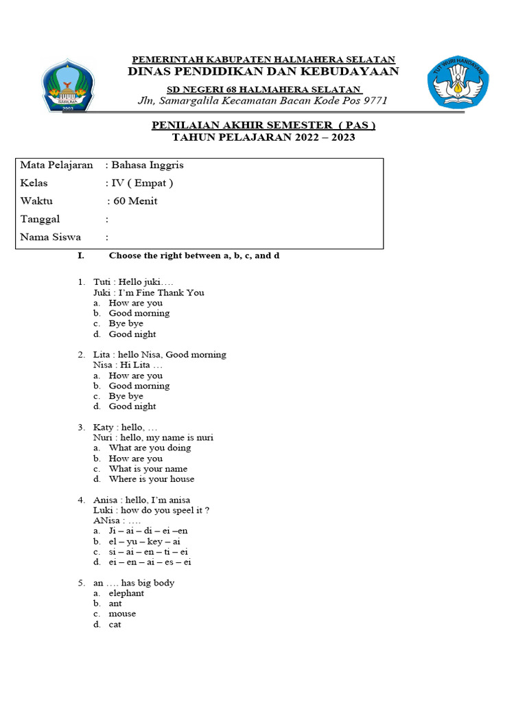 Soal Pas BHS Inggris KLS 4 | PDF
