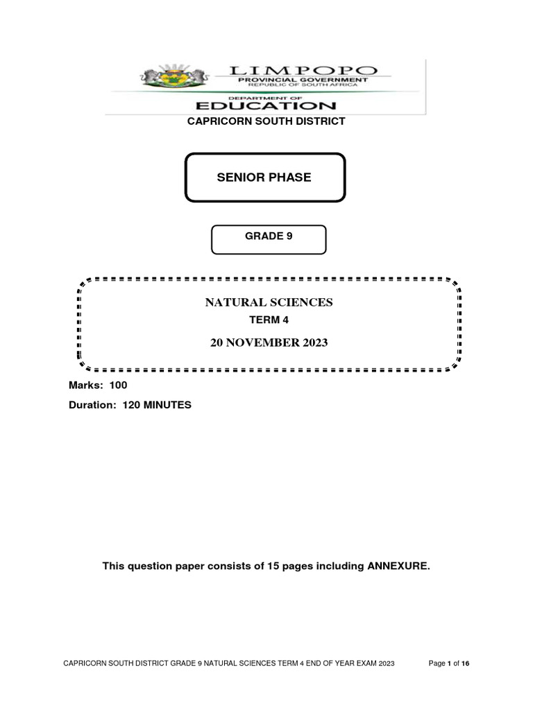 Grade 9 Natural Sciences Term 4 End of Year Exam Nov 2023 | PDF ... Grade 9 Natural Sciences Term 4 End of Year Exam Nov 2023 | PDF ...