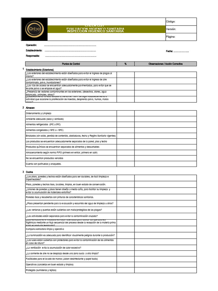 CA-QHES-001-Check list Inspección higienico sanitaria | PDF | Alimentos ...
