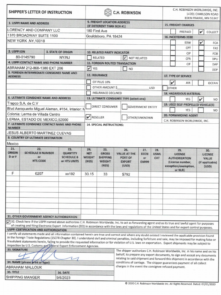 Shipper s Letter Of Instruction PDF