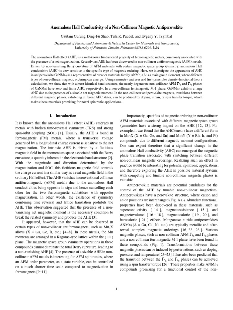 Anomalous Hall Conductivity of A Non-Collinear Magnetic Antiperovskite | PDF | Electronic Band ...