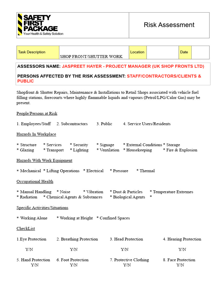 Shop Front & Shutter Work Risk Assessment | PDF | Occupational Safety ...