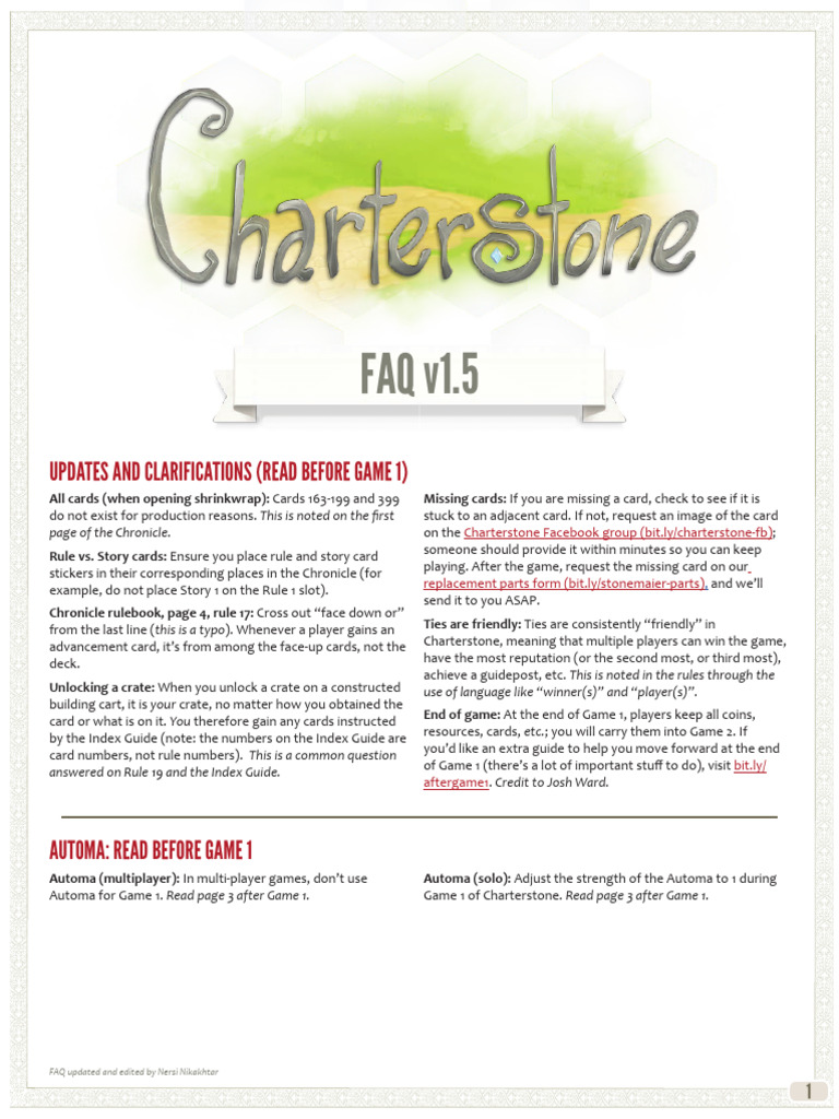 Charterstone FAQ and Rule Clarifications | PDF