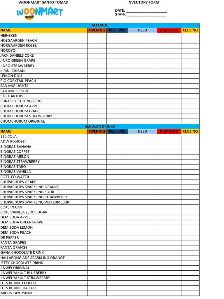Woonmart Sto Tomas Inventory Form | Download Free PDF | Cheesecake | Drink