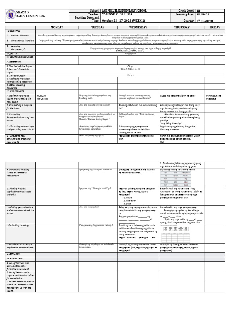 DLL Filipino3 Q1 W1-10 | PDF