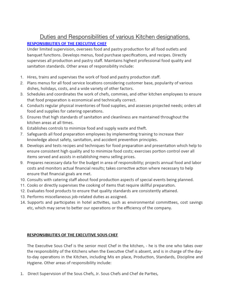 Duties and Responsibilities of Various Kitchen Designations | PDF ...