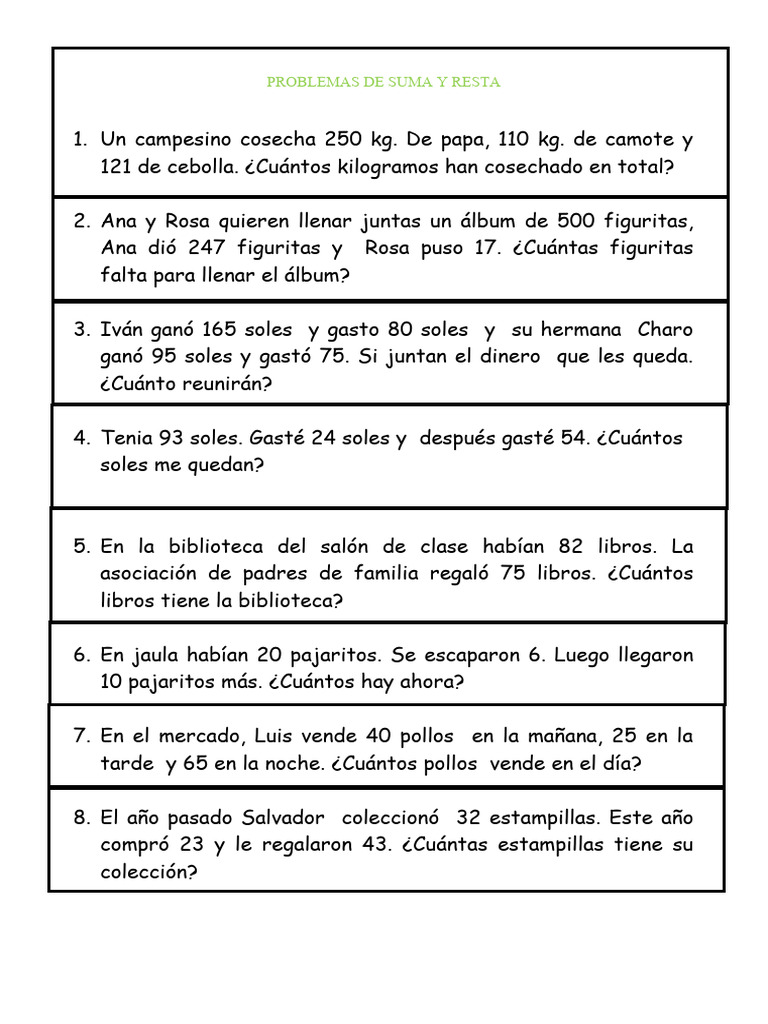 Problemas de Suma y Resta para 2° Grado | PDF | Hogar, jardinería y ...