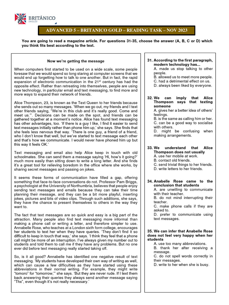 Ad5 Reading Task Nov 2023 | PDF | Text Messaging | Communication
