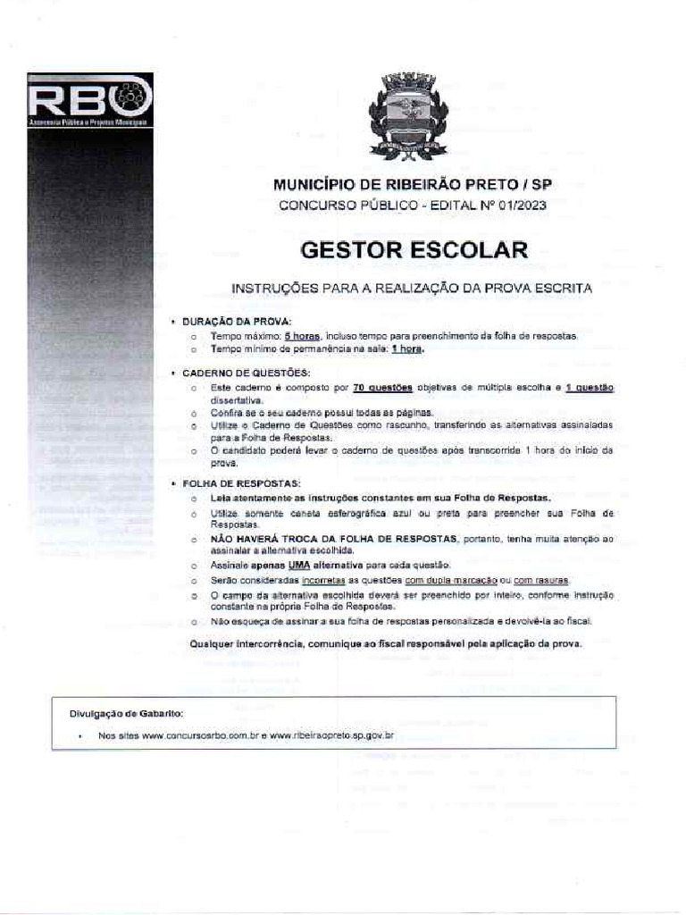 Prova Rbo Gestor Escolar Prefeitura de Ribeirão Preto 2023 | PDF