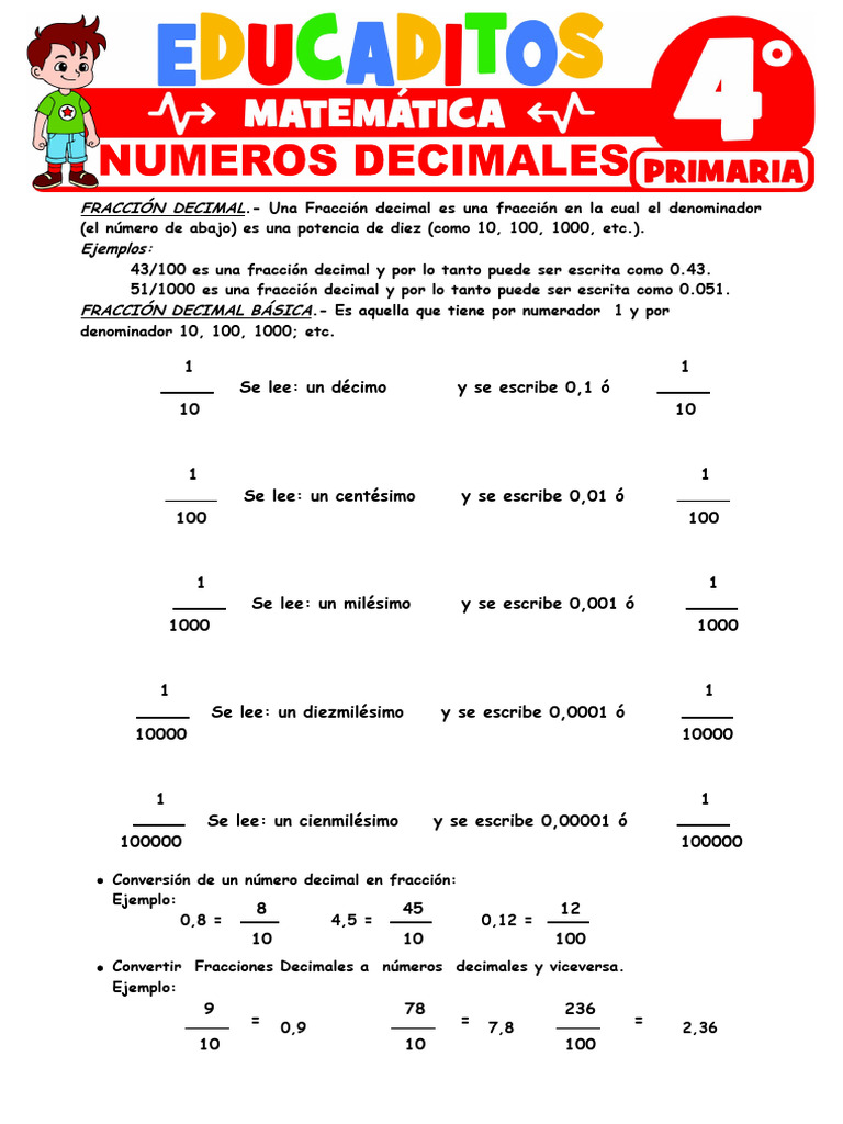 Ejercicios de Fracciones Decimales 4° | PDF | Convenciones de nombres ...
