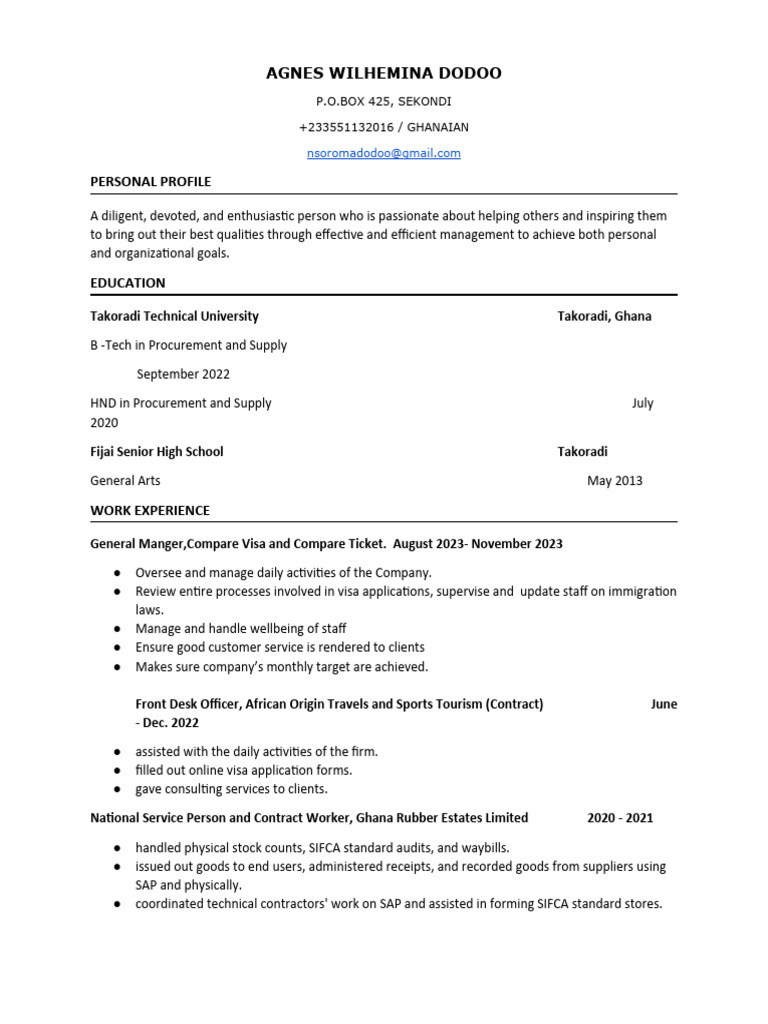 Agnes Wilhemina Dodoo Resume | PDF | Procurement | Ymca