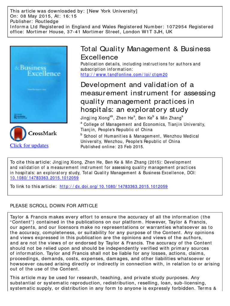 Development and Validation of A Measurement Instrument For Assessing Quality Management ...
