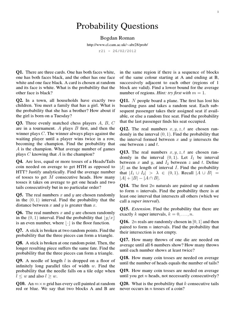 Probability Questions | PDF | Interval (Mathematics) | Elementary ...