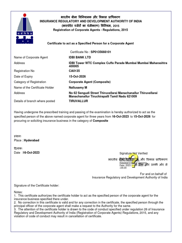 IRDAI Certificate For Policy Sourcing | PDF