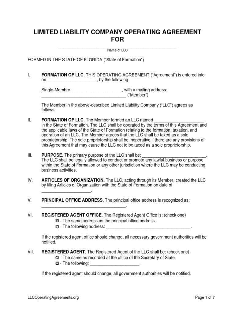 Florida Single-Member LLC Agreement | PDF | Indemnity | Limited ...