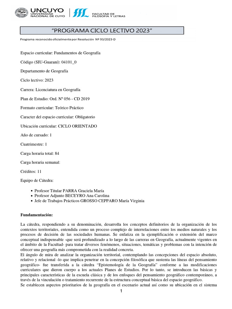 00 Programa FUNDAMENTOS DE GEOGRAFÍA 2023 Licenc | PDF | Evaluación | Geografía