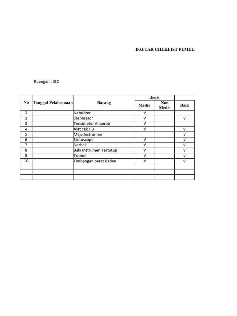 Checklist Pemeliharaan Alat Medis Puskesmas | PDF | Sains & Matematika