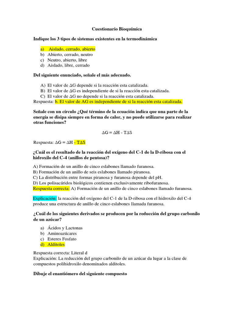 Cuestionario Bioquímica | PDF | Carbohidratos | Entropía