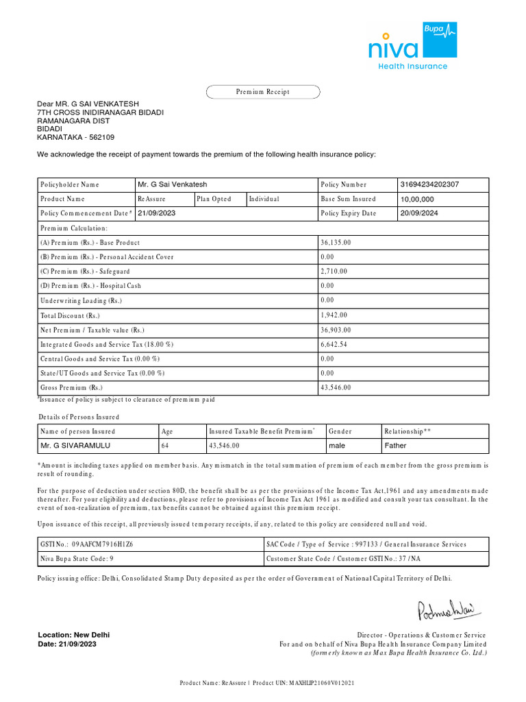 Niva Bupa Health Insurance Premium Receipt | PDF | Insurance | Taxes