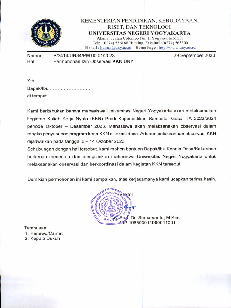 Surat Observasi KKN Dik 2023 - 2024 | PDF