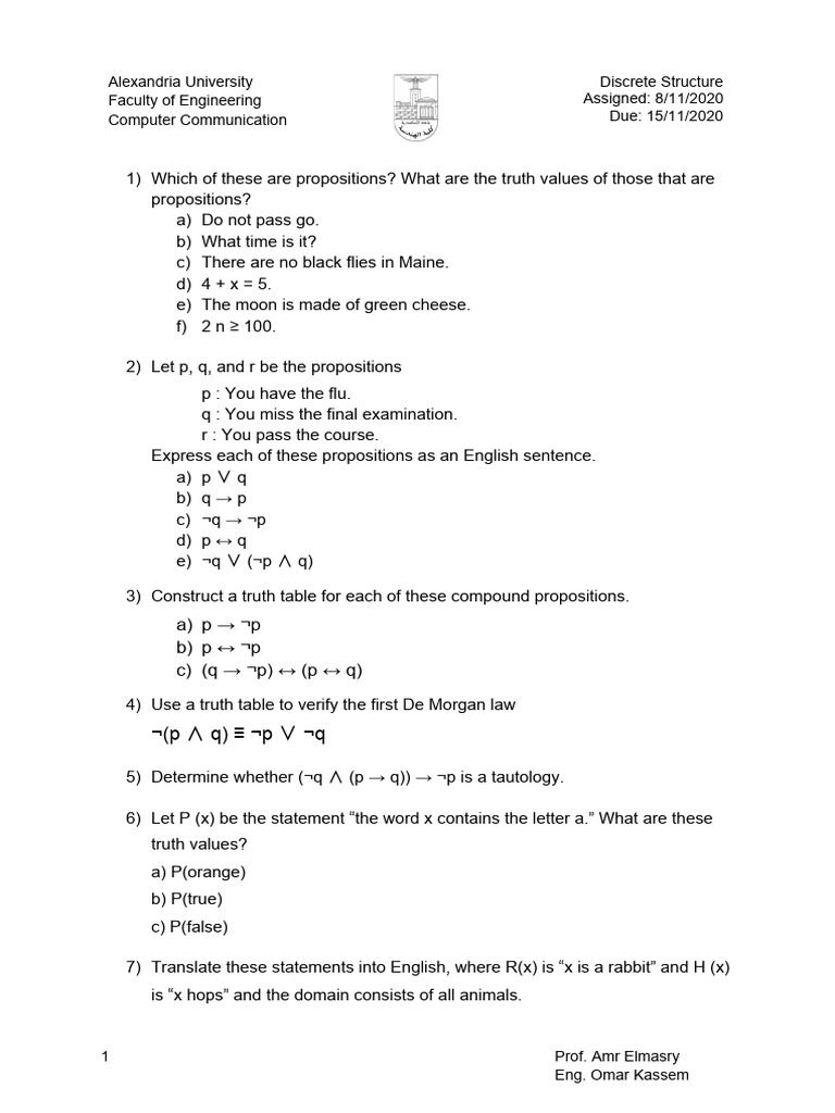 Discrete Sheet 1 | PDF | Semantics | Mathematical Logic