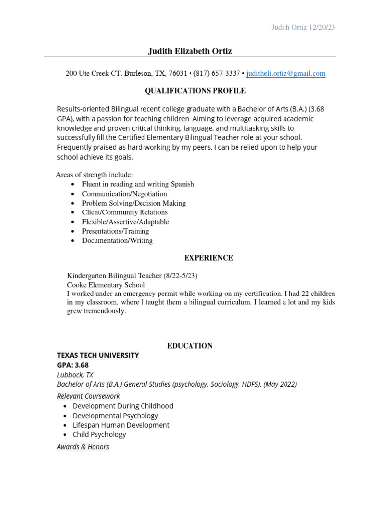 Resume Judith 1 1 | Download Free PDF | Teachers | Learning