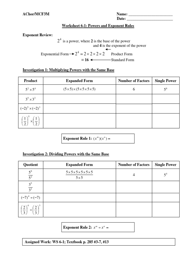 Ws6 1 Exponent Rules Pdf Exponentiation Mathematics