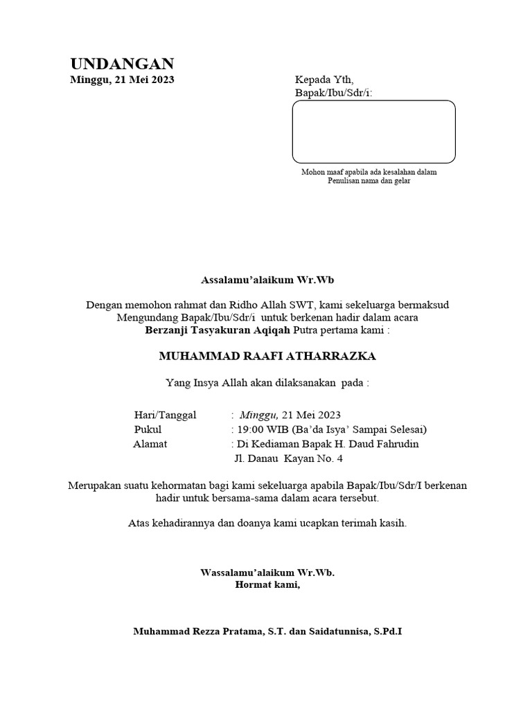 Undangan Aqiqah Muhammad Raafi 2023 | PDF