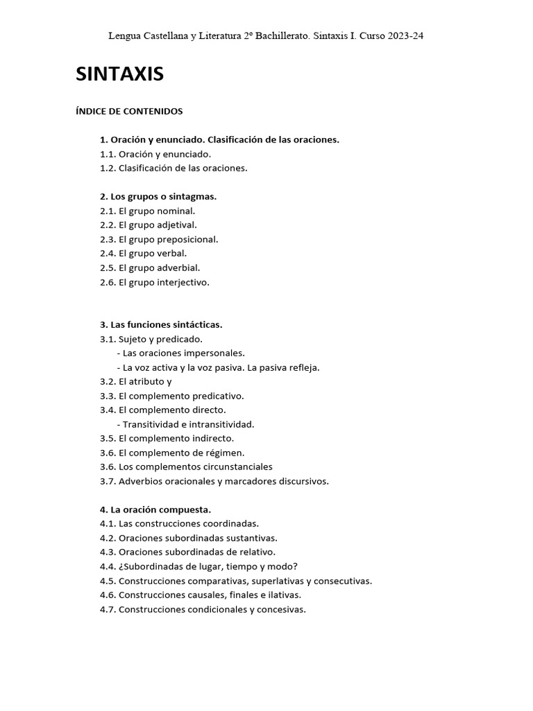 SINTAXIS I 2º Bach | PDF | Asunto (gramática) | Predicado (Gramática)