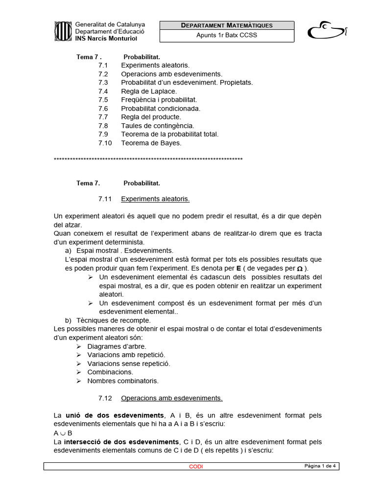 Apunts Tema 7. Probabilitat | PDF
