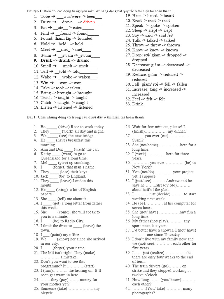 BÀI TẬP THÌ HTHT | PDF