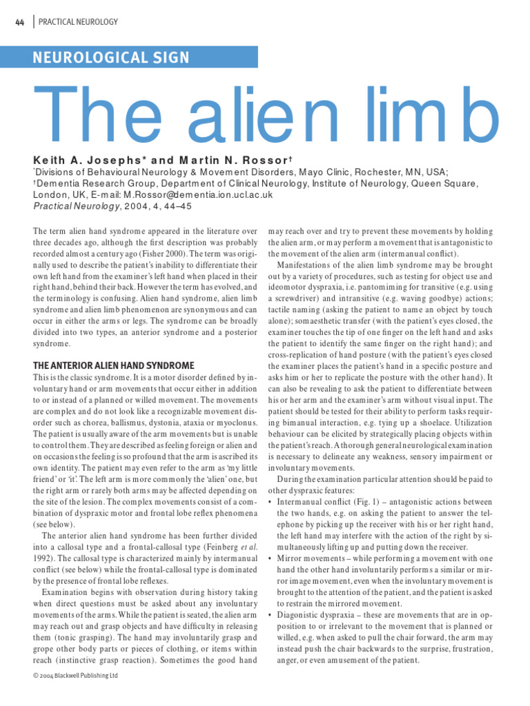 The Alien Limb 2004 | PDF | Human Diseases And Disorders | Neurological ...