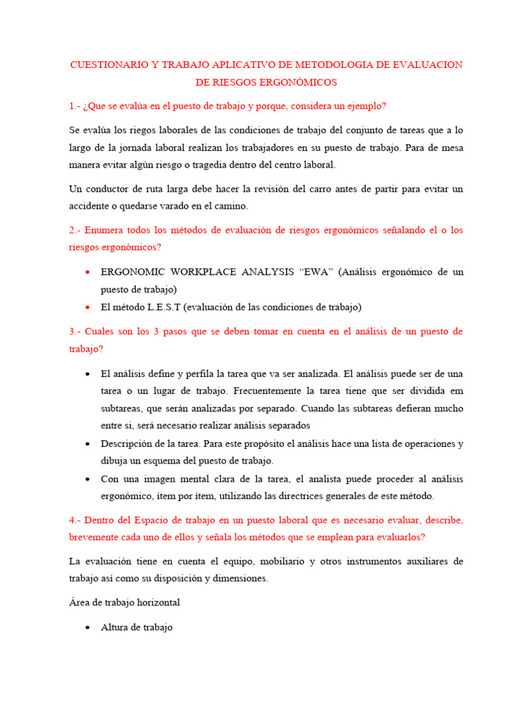 CUESTIONARIO Y TRABAJO APLICATIVO DE METODOLOGIA DE EVALUACION DE RIESGOS ERGONÓMICOS | PDF ...
