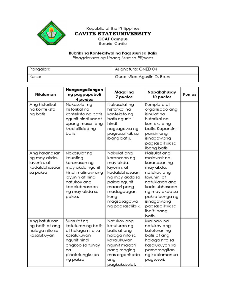 Kontekstwal Na Pagsusuri Sa Batis Rubriks | PDF