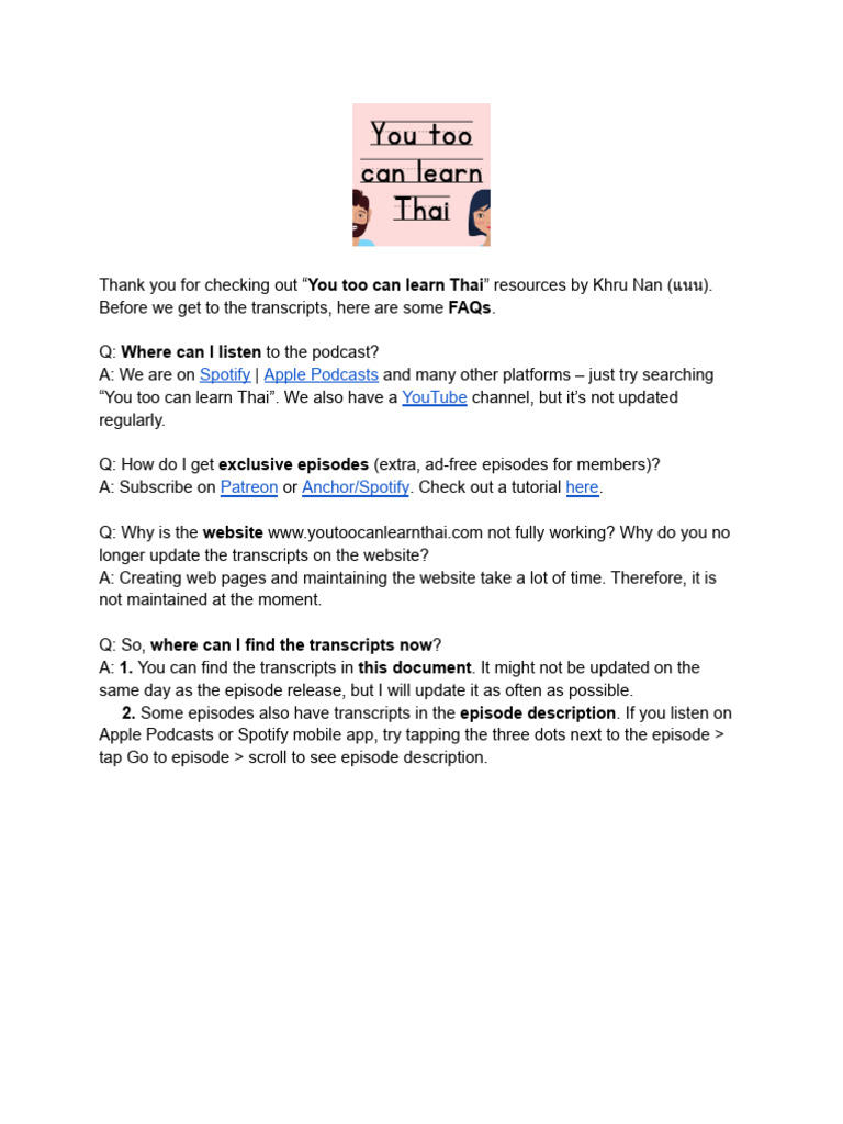 You Too Can Learn Thai - FAQs and Transcripts | PDF | Spotify | Podcast