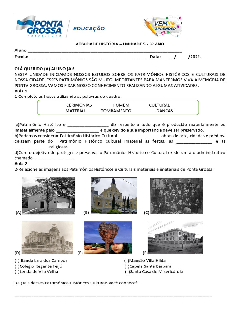 Historia 3o ANO U5 Patrimonios Historicos e Culturais Da Cidade Ou ...